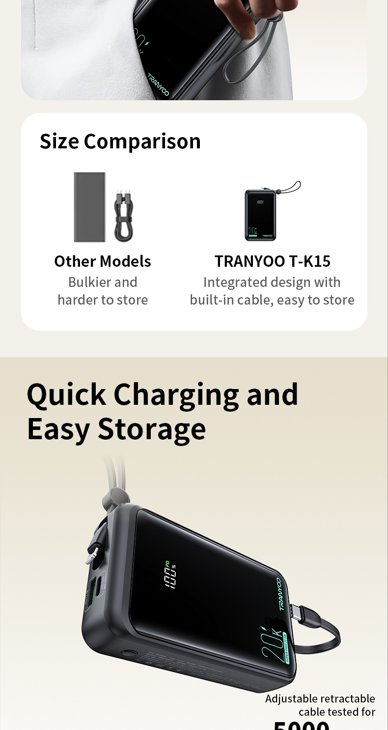 Tranyoo K15 20000mAh Mini Powerbank Built In 2 Cable 22.5W Fast Charge Portable Power bank ...
