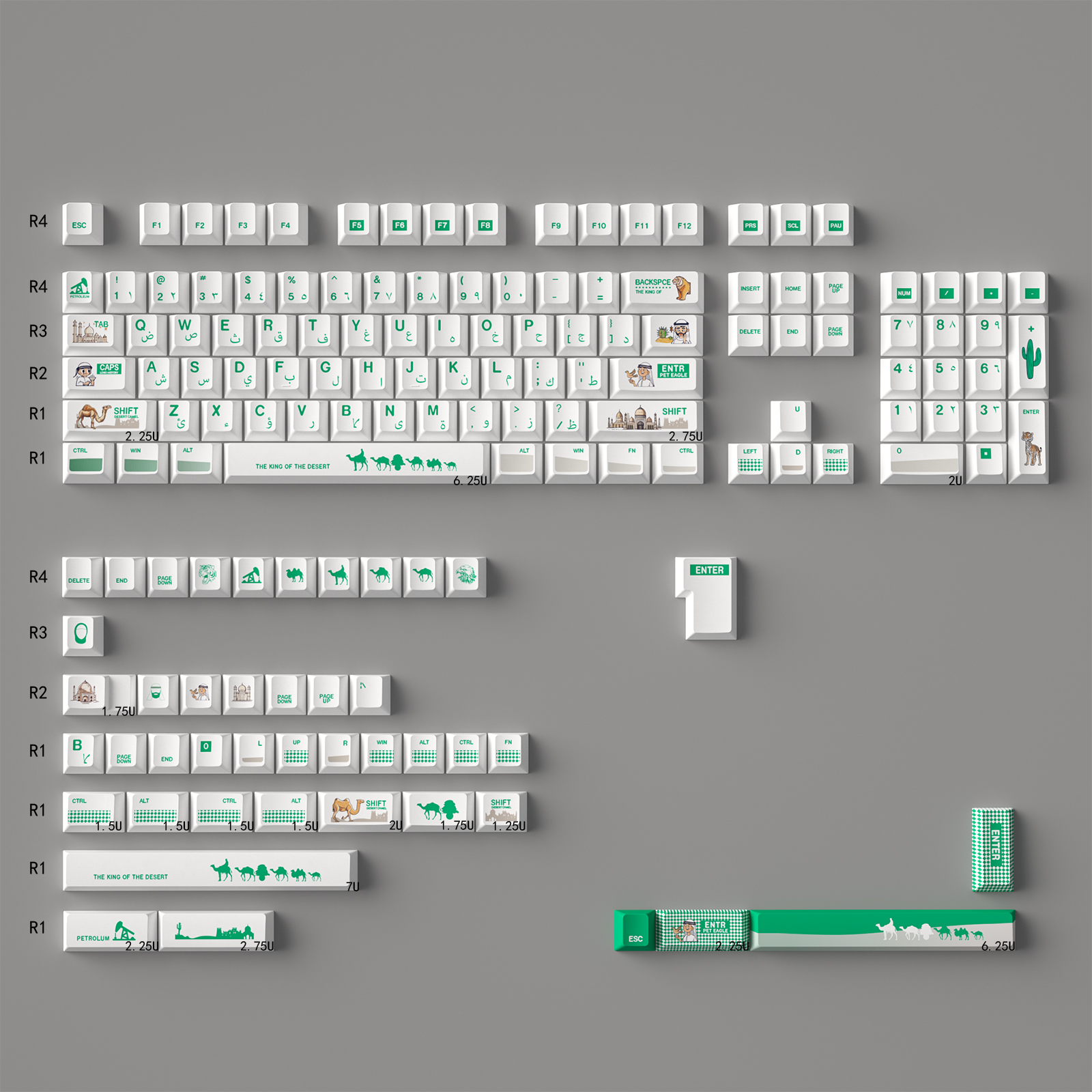 Arabic Language Keycaps White Green 1.7mm PBT Cherry Profile Dye-sub ...
