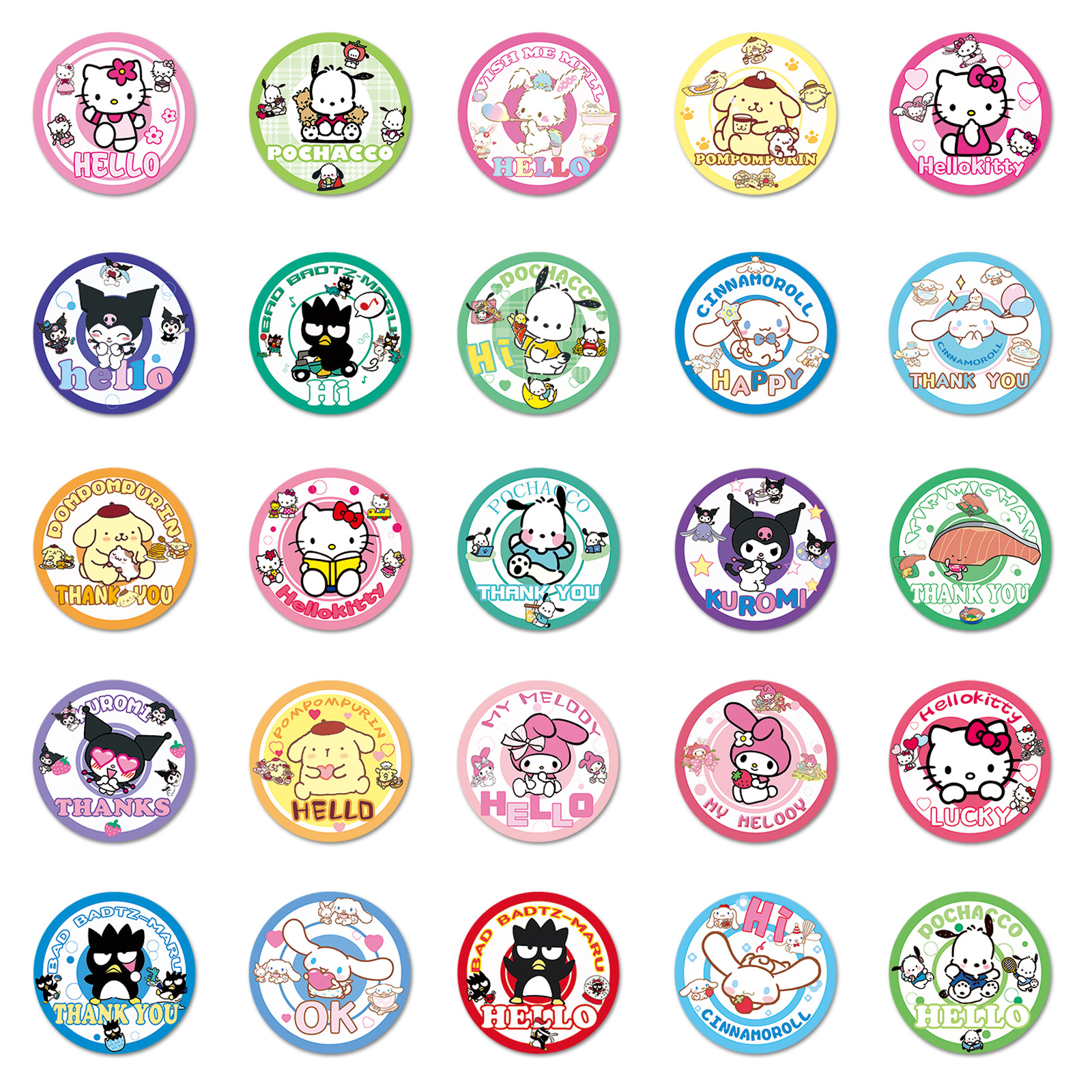 50PCS Round Sanrio Badge Cartoon Sticker Kuromi Pochacco Hello Kitty ...