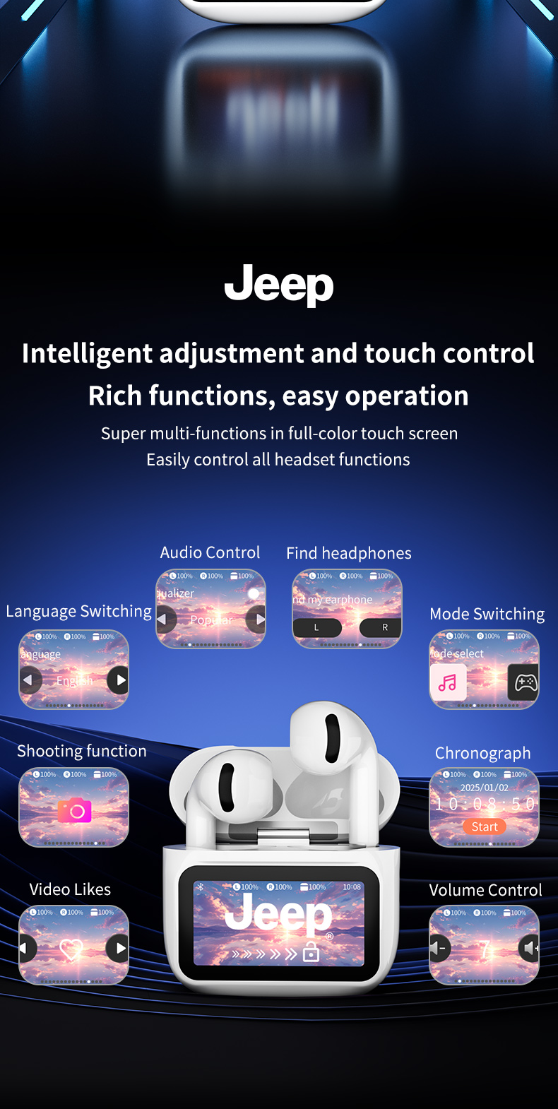 Jeep EW132 TWS Wireless Bluetooth Earphones Touch Screen EQ Adjust Game ...
