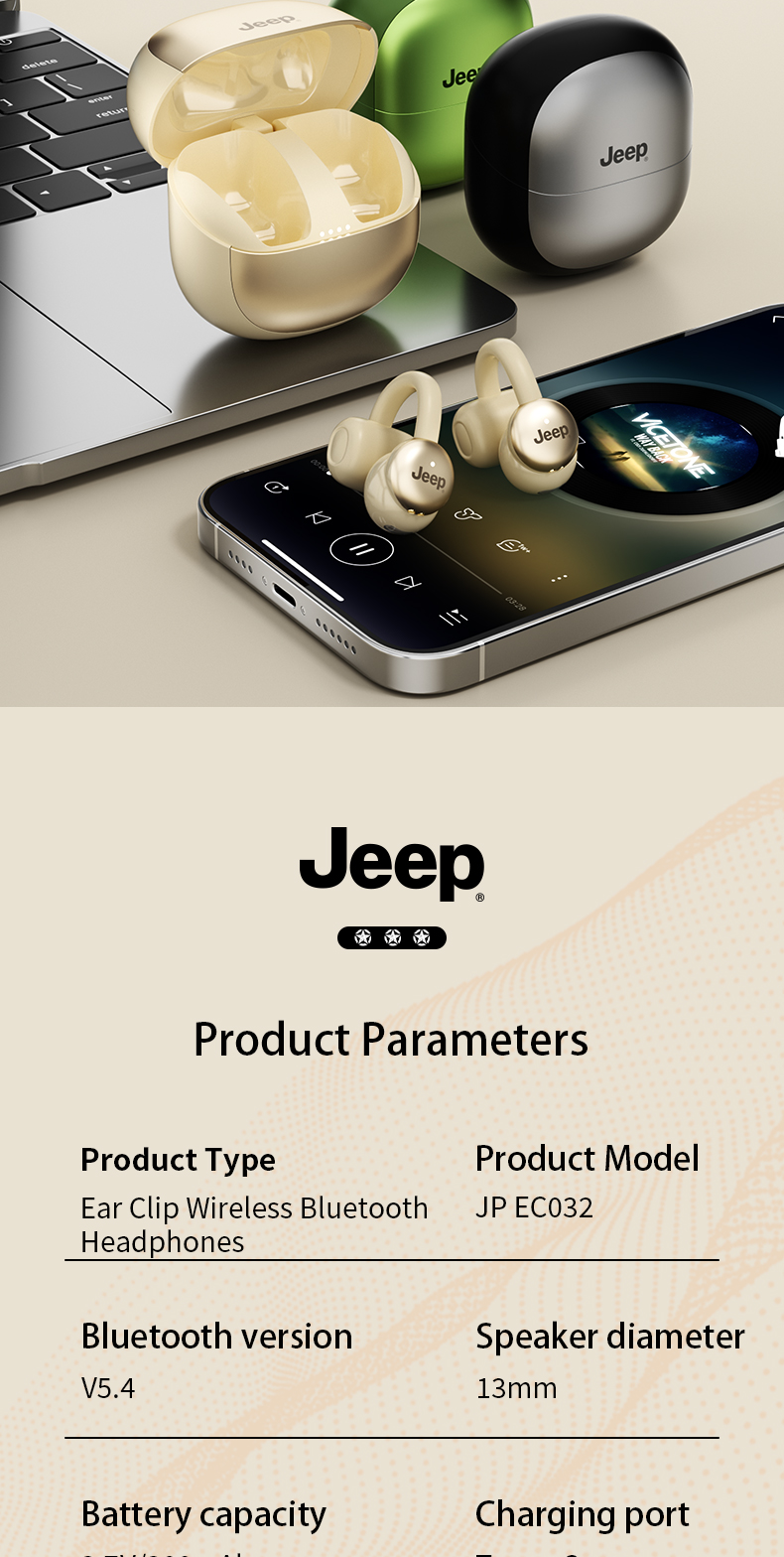 Jeep EC032 Ear Clip Bluetooth Earphones 5.4 HD Calls Low Latency Game ...