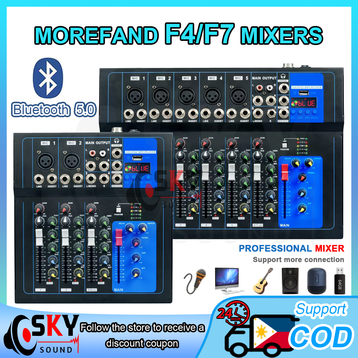 SKYSOUND Audio Mixer Professional Bluetooth Mixer 4/7 Channel USB 12V ...