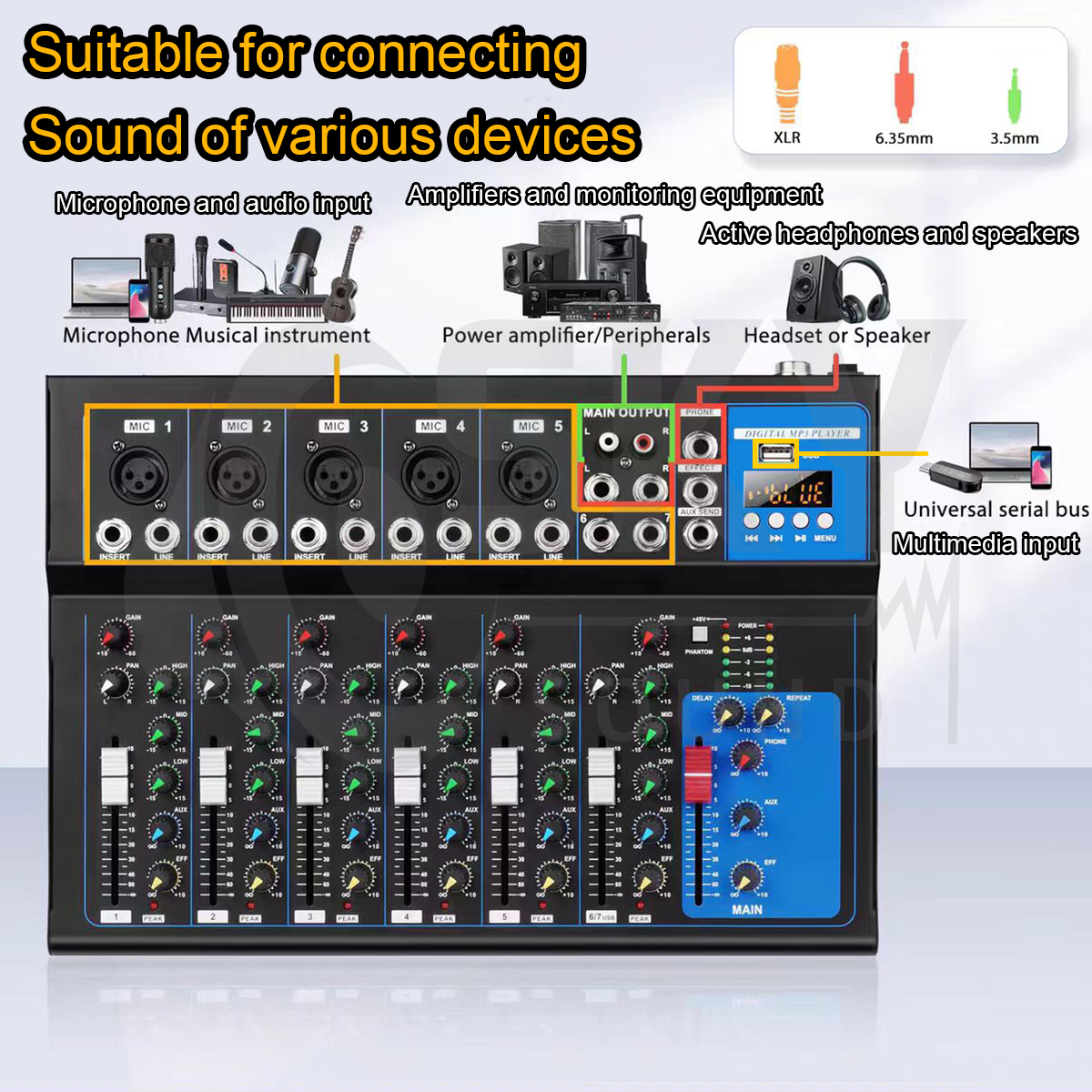 SKYSOUND Audio Mixer Professional Bluetooth Mixer 4/7 Channel USB 12V ...