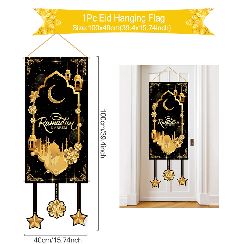 100*40cm Eid Mubarak Hanging Flag Polyester White Purple Moon Star Eid ...