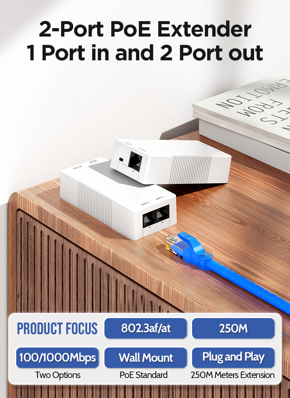 AMPCOM 100M/ 1000Mbps Ethernet PoE Extender IEEE 802.3 af/at PoE ...