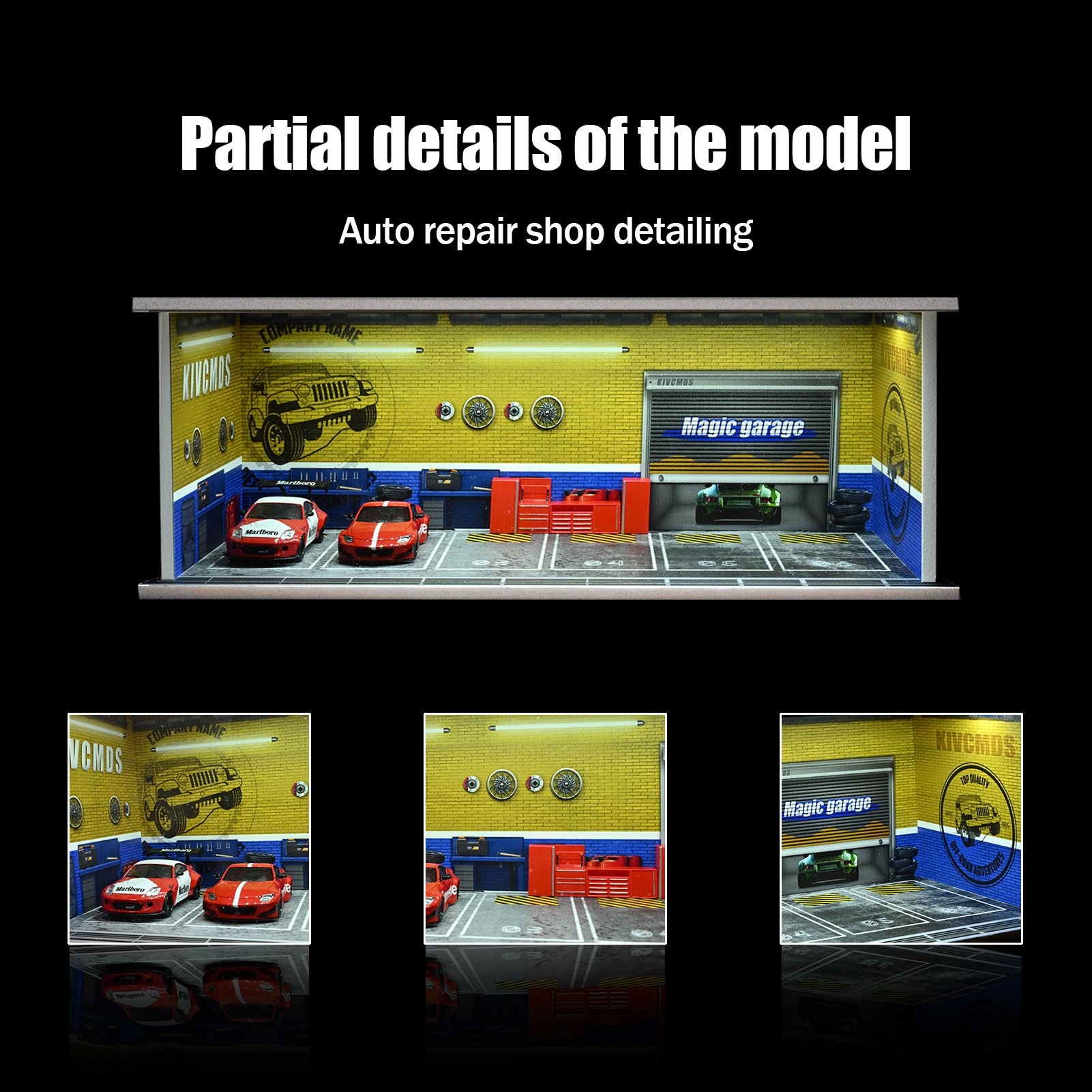 1: 64 Diorama Car Garage Model LED Lighting Repair Shop Car Parking Lot ...