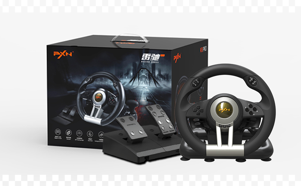 PXN V3 Racing Steering Wheel with Pedals Vibration Volante Gaming Wheel ...