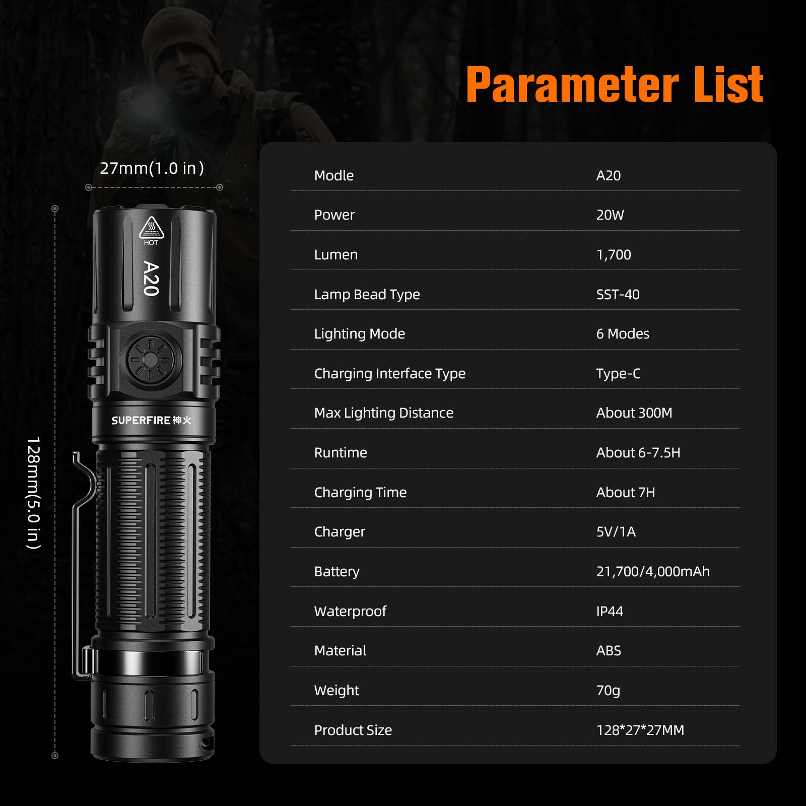 SUPERFIRE A20 20W Flashlight High-power Super Bright Type-C Rechargeble ...