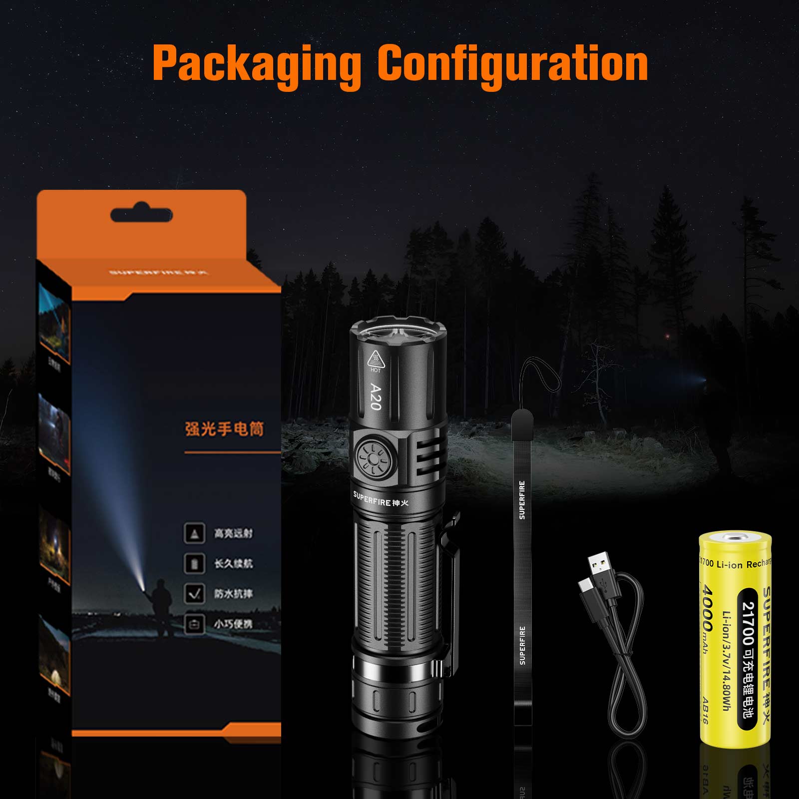 SUPERFIRE A20 20W Flashlight High-power Super Bright Type-C Rechargeble ...