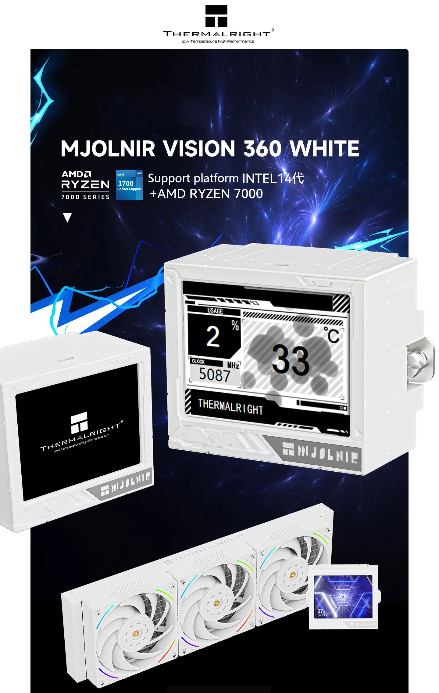 Thermalright MJOLNIR VISION 360 X White water cooling radiator 3.5-inch LCD display supports ...