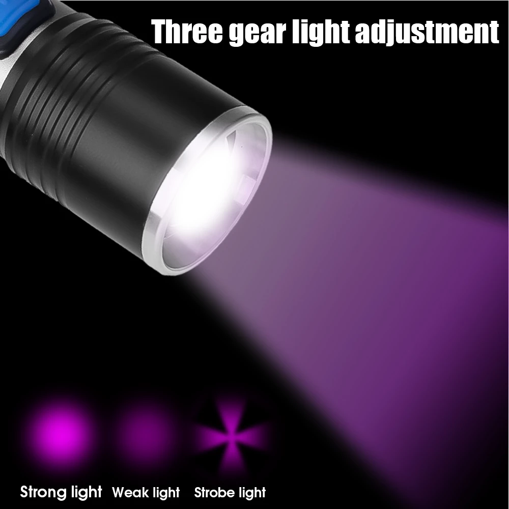 Purple Light LED Zoom Flashlight , 365nm UV Rechargeable for Tobacco ...