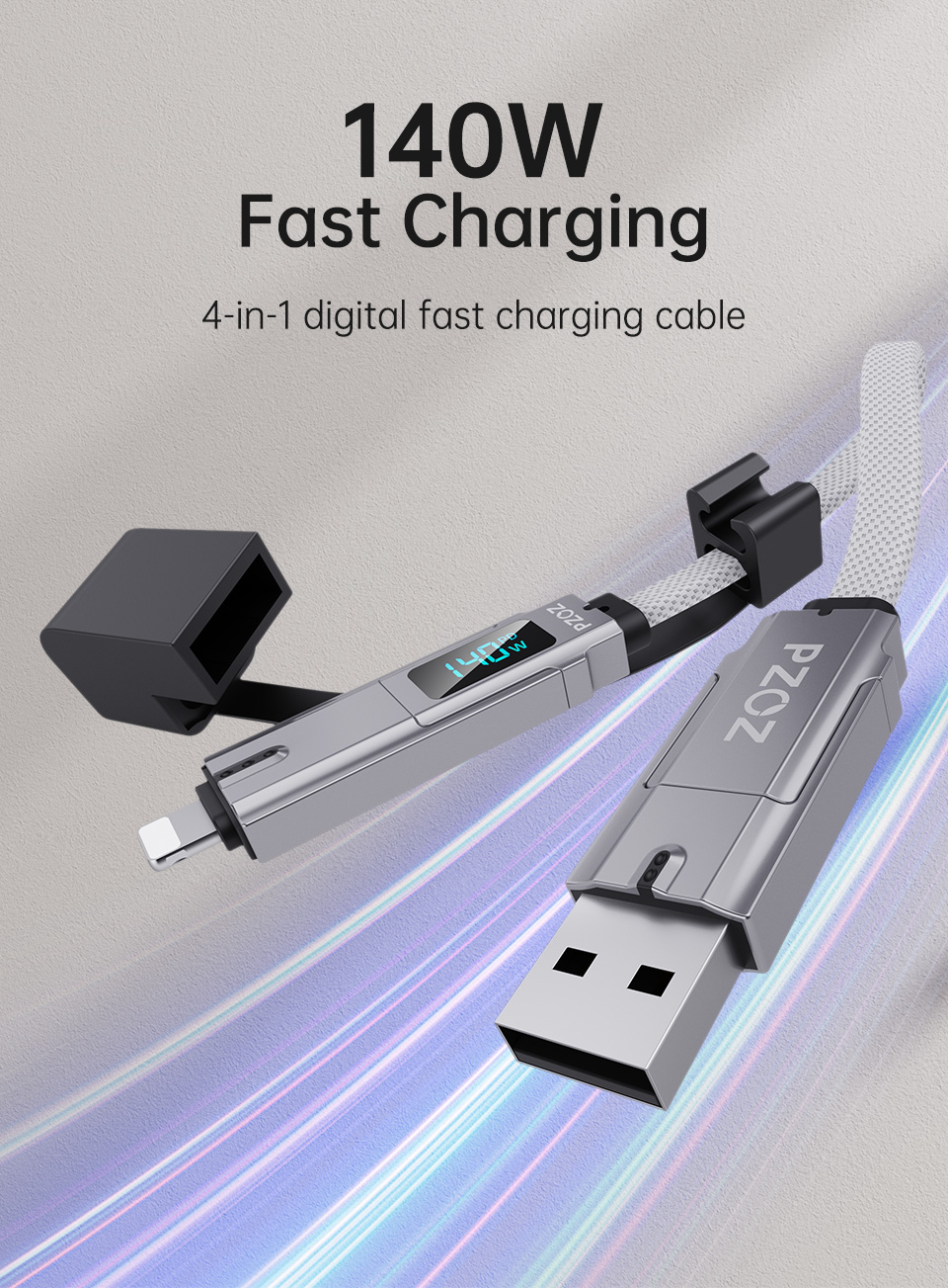 PZOZ 4 in 1 140W PD USB C Cable LED Digital Display Fast Charging For ...