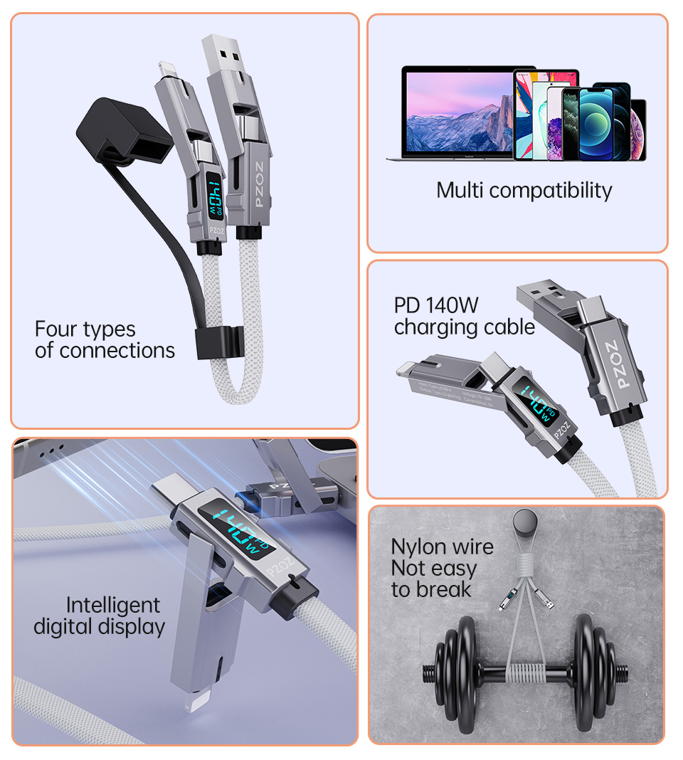 PZOZ 4 in 1 140W PD USB C Cable LED Digital Display Fast Charging For ...