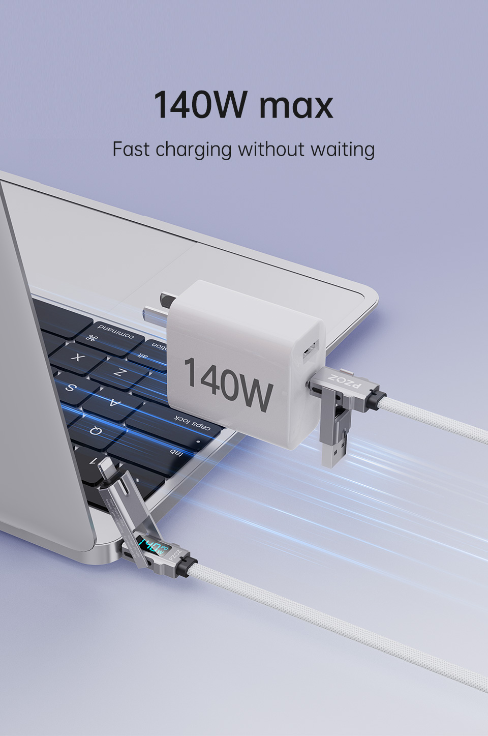PZOZ 4 in 1 140W PD USB C Cable LED Digital Display Fast Charging For ...