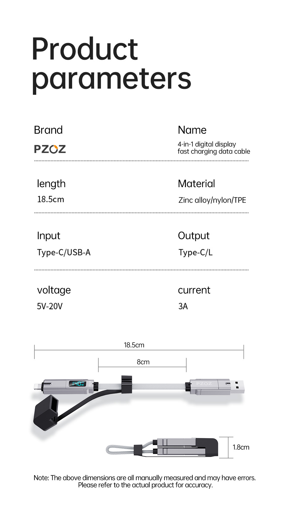 PZOZ 4 in 1 140W PD USB C Cable LED Digital Display Fast Charging For ...
