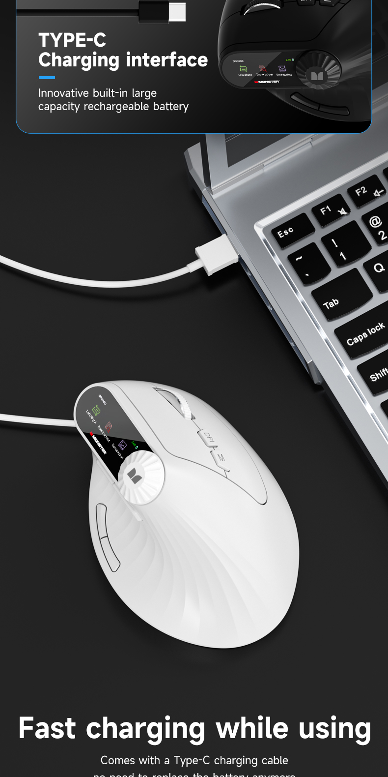 Monster M2 MAX Wireless Mouse Rechargeable Ergonomic Vertical Mouse LED ...