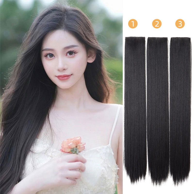 60cm Long Straight Clip-On Synthetic Hair Wig - 3 Pieces Thickened ...