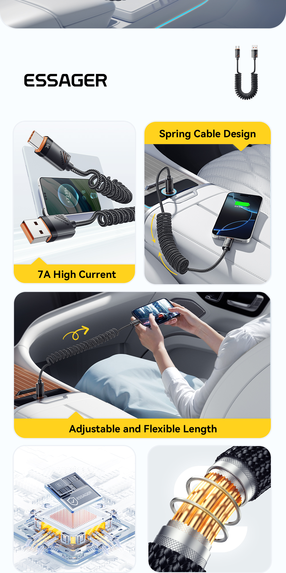 Essager 7A High Current USB-A To Type-C Spring Cable Car Charging Data ...