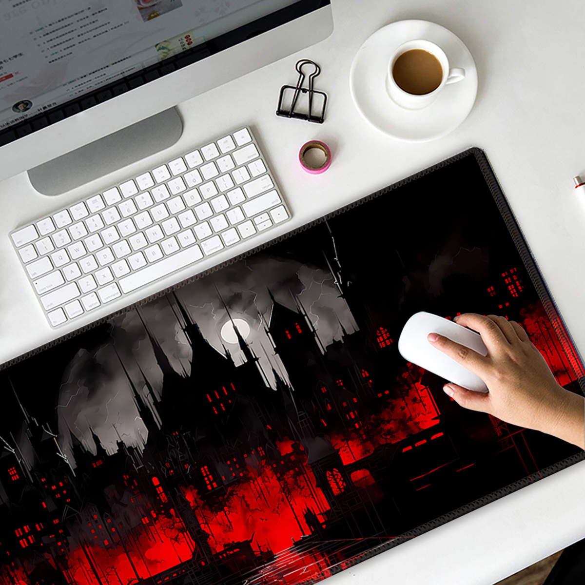 Horror Desk Decor, Gothic Town at Night, Red and Black Desk Mat ...