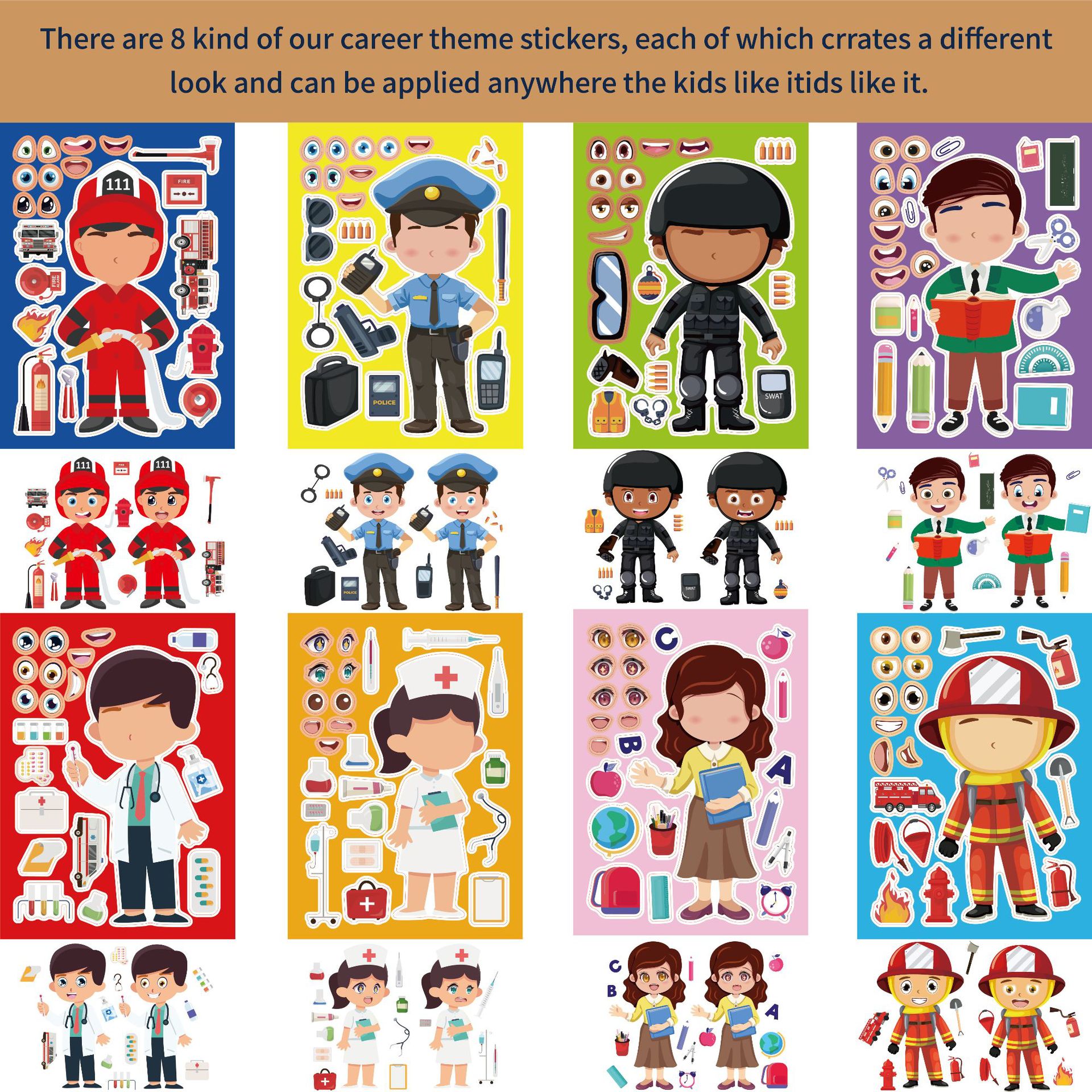 Cartoon Professional Dress up Stickers for Teachers, Nurses, Doctors ...