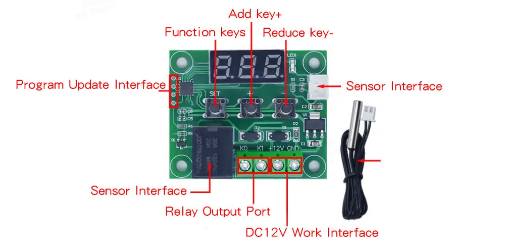 W1209 Blue/Red light DC 12V heat cool temp thermostat temperature ...
