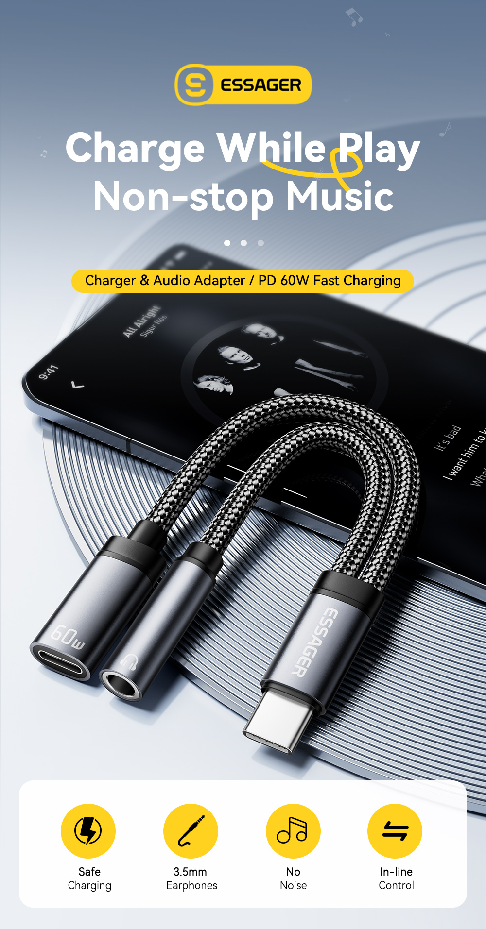 ESSAGER 60w Type-C to Type-C /3.5mm Audio Charging 2-in-1 Adapter Cable ...