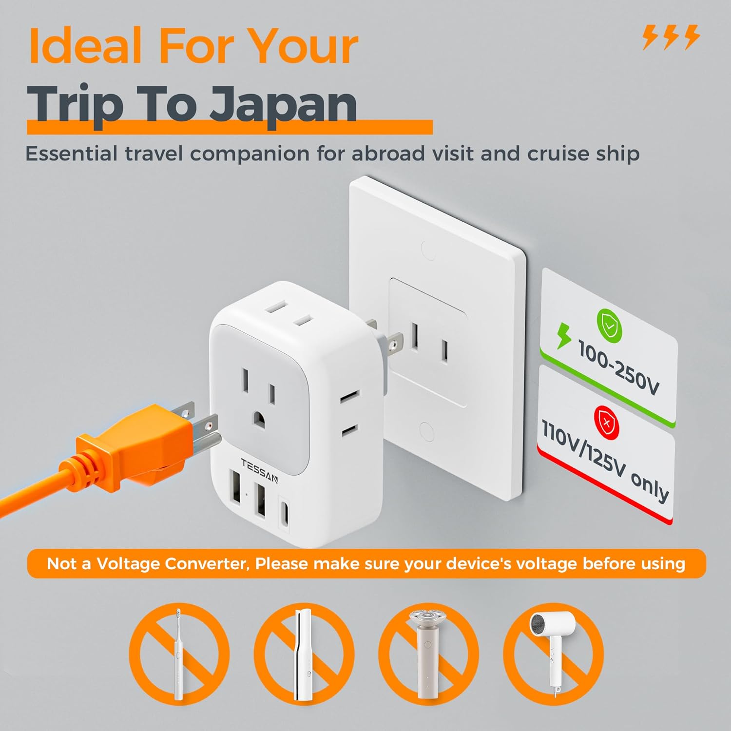 TESSAN Socket Extension Adapter with USB+Type C, Multi Plug Outlet ...