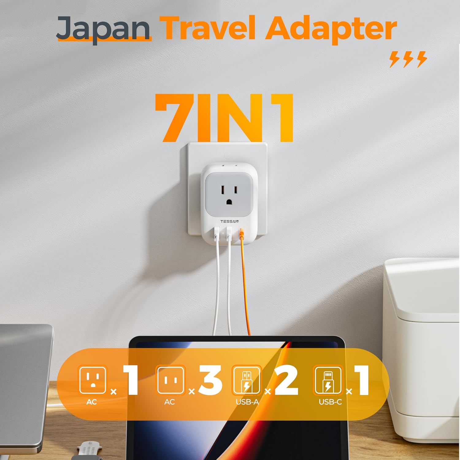 TESSAN Socket Extension Adapter with USB+Type C, Multi Plug Outlet ...