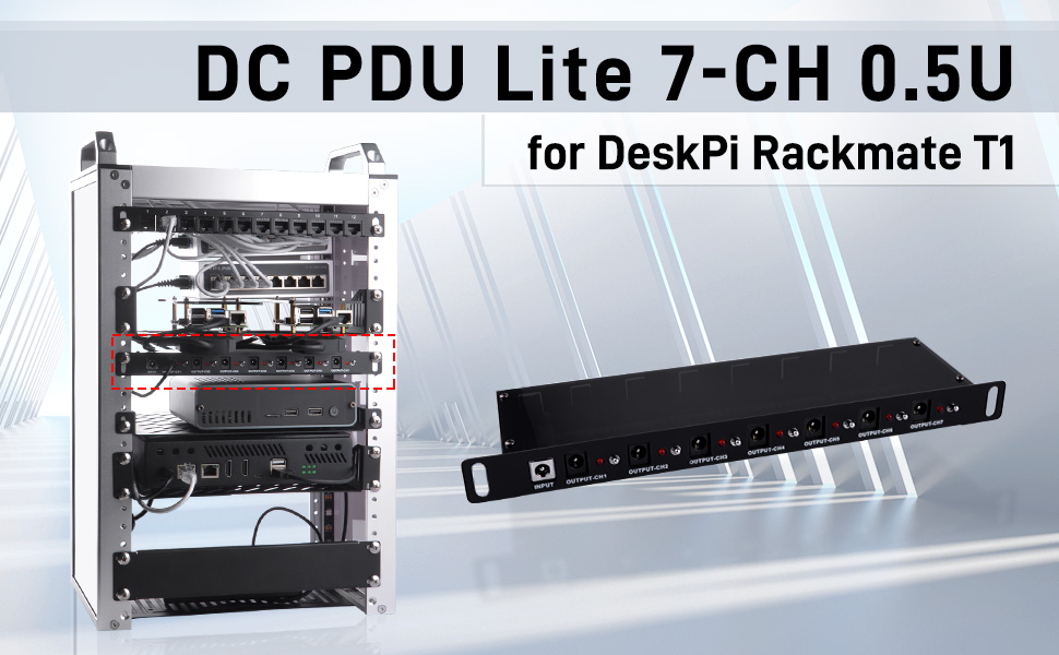 DeskPi DC PDU Lite 7-CH 0.5U for DeskPi Rackmate T0/T1/T2, 7 Outlets ...