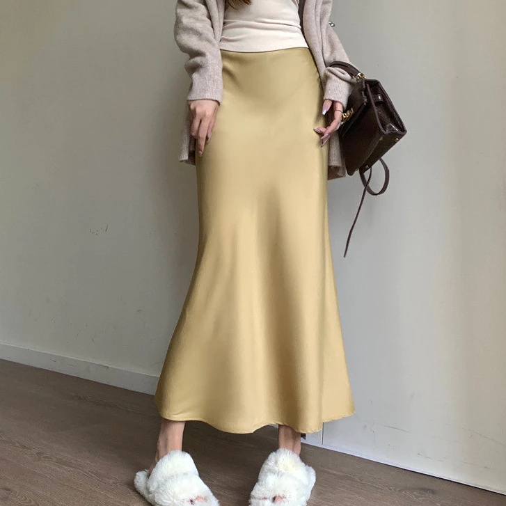 S-XL Satin Maxi Skirt Fishtail High Waist Pencil Long Skirt for Woman ...