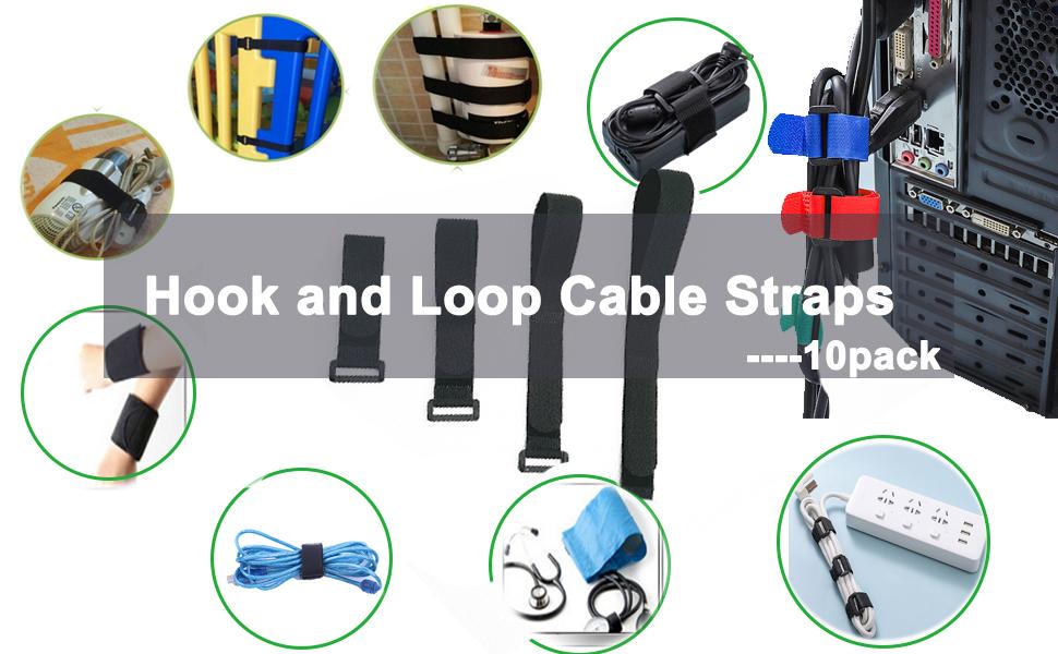 10Pack Fastening Hook and Loop Cable Straps, Black Self-Adhesive Cable ...