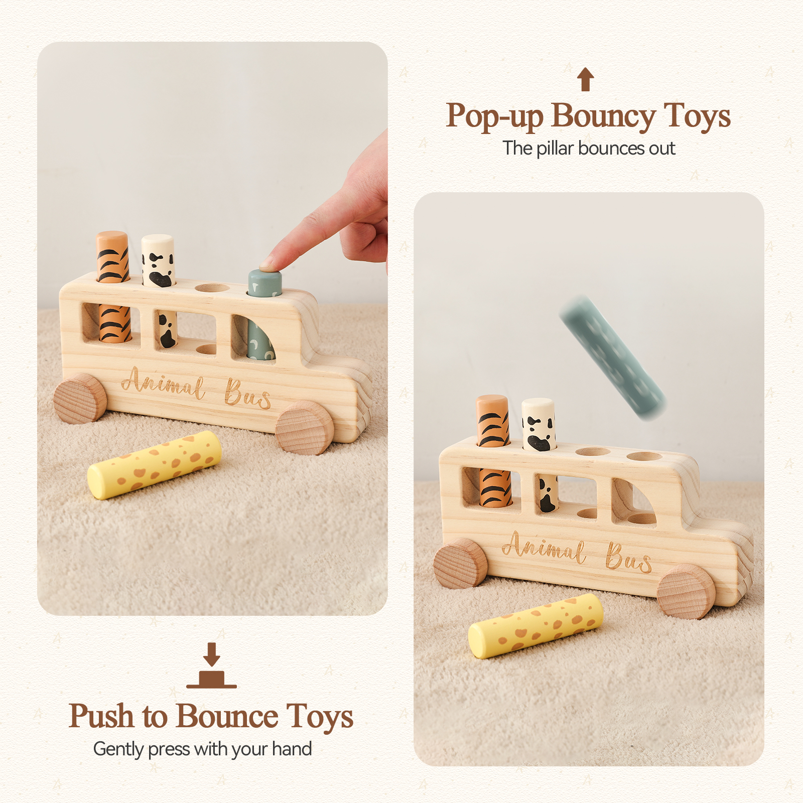 Baby Wooden Bouncing Toys Car Animal Bus Shaped Newborn Education ...