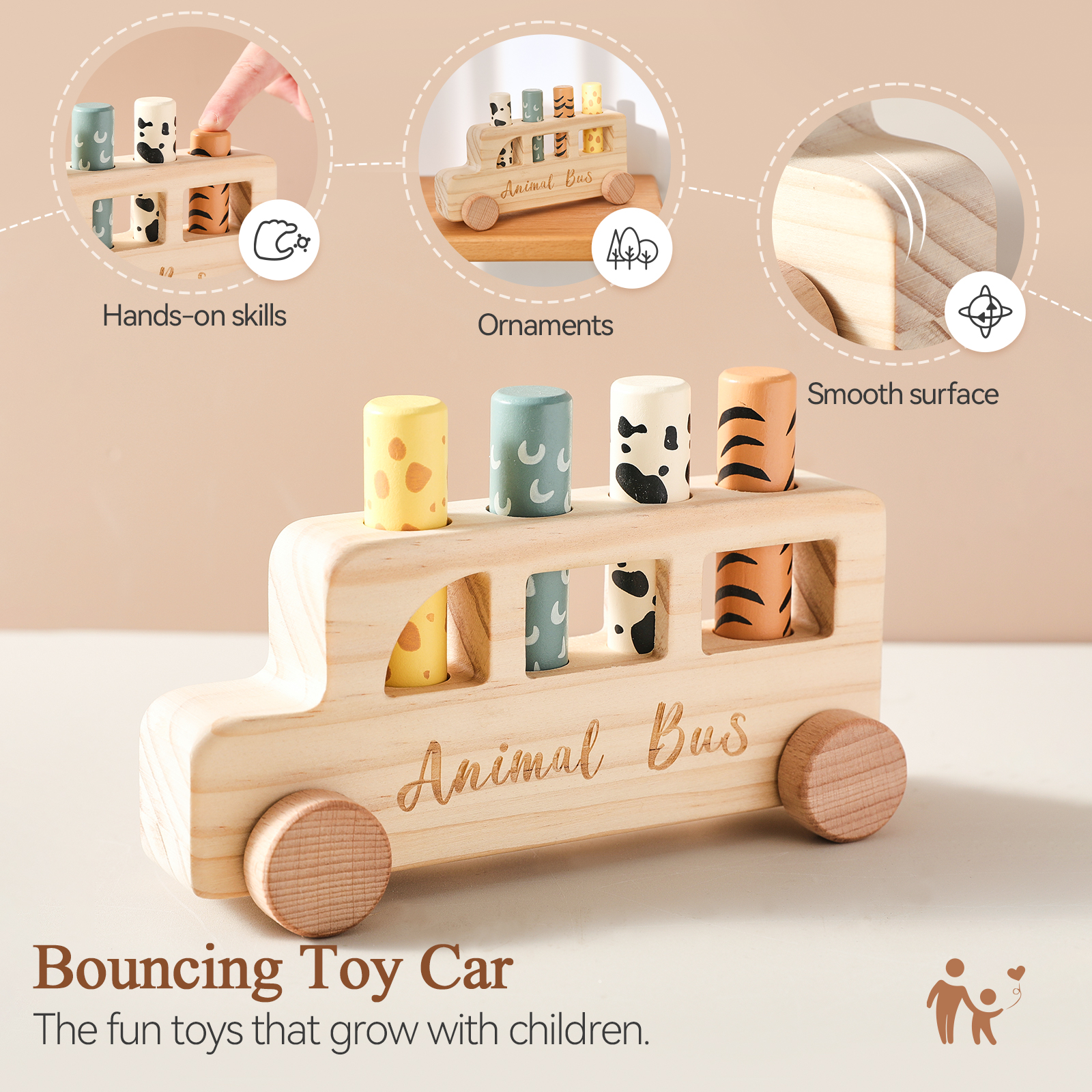 Baby Wooden Bouncing Toys Car Animal Bus Shaped Newborn Education ...