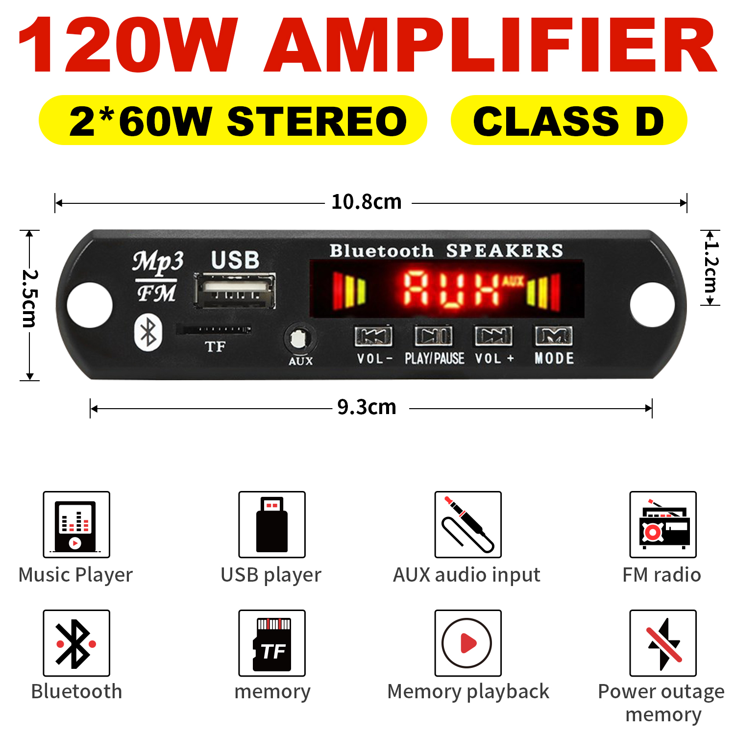 120W Bluetooth 5.1 MP3 Board 2x60W Audio Player 12V DIY Car FM Radio ...