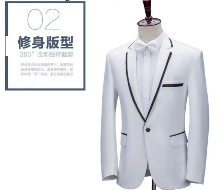 New Elegant White Black Sticky floral suit Set Stand Collar Mens Wedding Suits Formal Groom ...