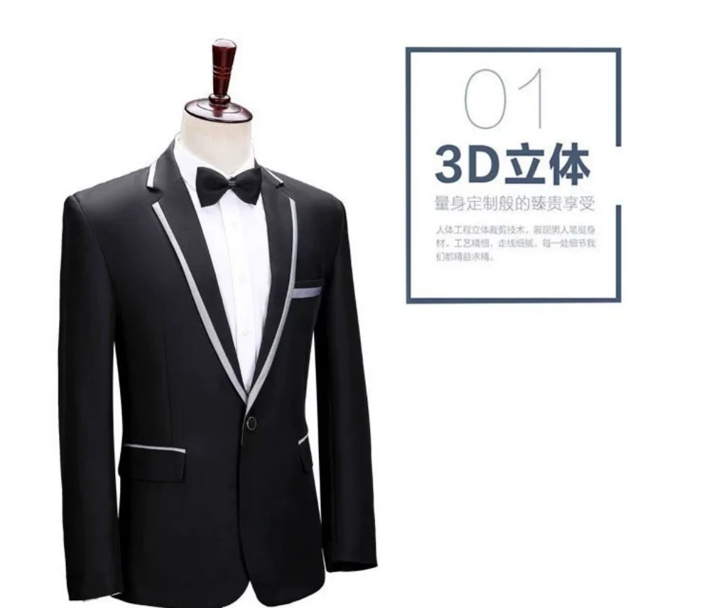 New Elegant White Black Sticky floral suit Set Stand Collar Mens Wedding Suits Formal Groom ...