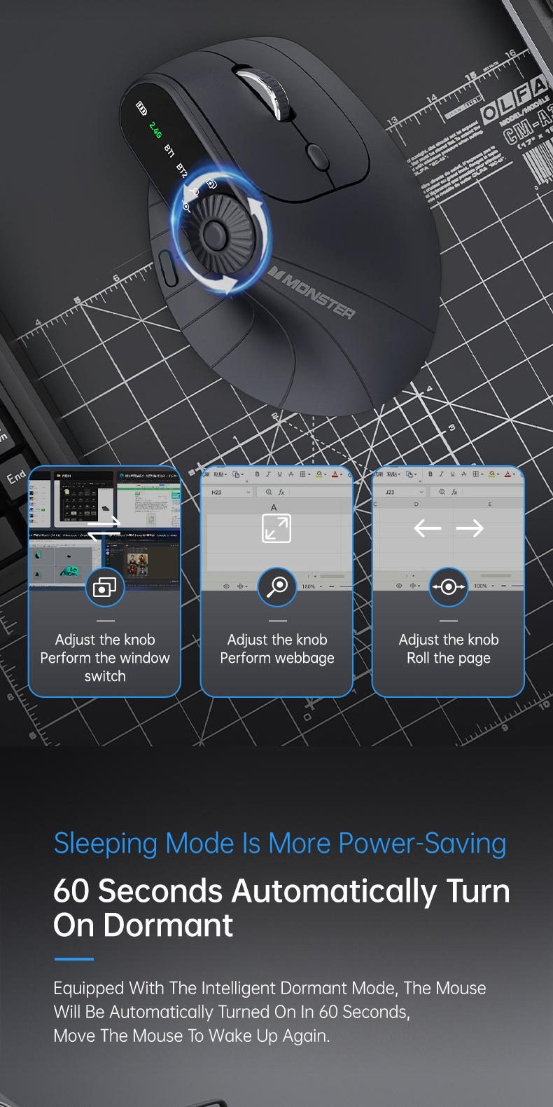 Monster M2Pro/M2MAX Wireless Mouse Ergonomic Vertical Mice LED 8 ...