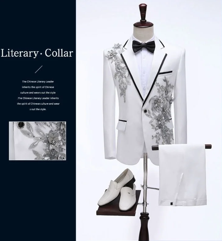 New Elegant White Black Sticky floral suit Set Stand Collar Mens ...