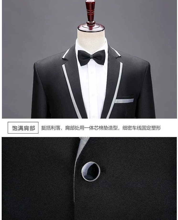 New Elegant White Black Sticky floral suit Set Stand Collar Mens Wedding Suits Formal Groom ...