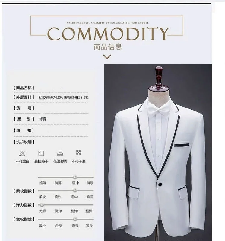 New Elegant White Black Sticky floral suit Set Stand Collar Mens Wedding Suits Formal Groom ...