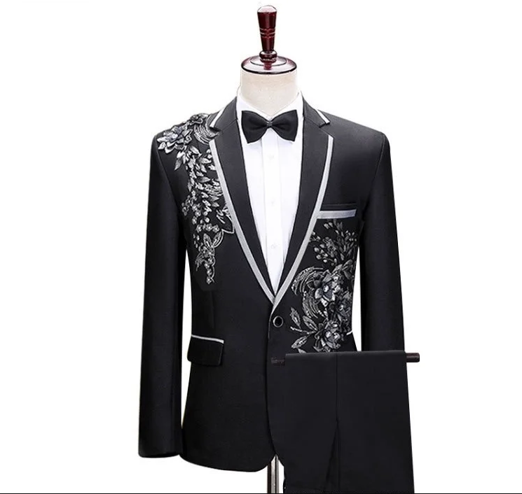 New Elegant White Black Sticky floral suit Set Stand Collar Mens Wedding Suits Formal Groom ...