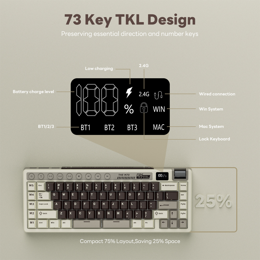 Royal Kludge RK M70 Mocha Grey 73 Key Tri-Mode Wireless With TFT Screen ...