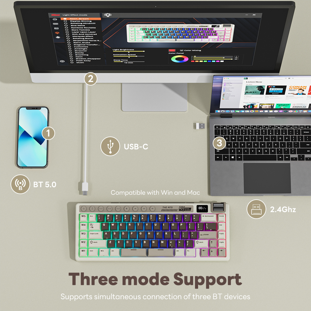 Royal Kludge RK M70 Mocha Grey 73 Key Tri-Mode Wireless With TFT Screen ...