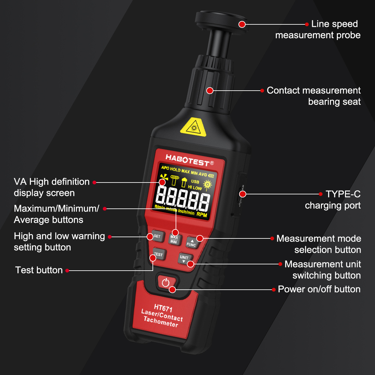 HABOTEST HT671 Digital Tachometer Handheld Contact Motor Tachometer LCD ...