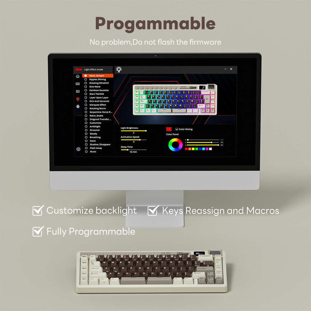 Royal Kludge RK M70 Mocha Grey 73 Key Tri-Mode Wireless With TFT Screen ...