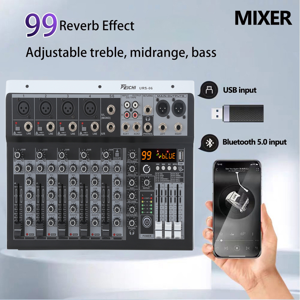 Professional 4/6 Channel DC12V Mixer Bluetooth 5.0 USB Input Stage Performance Home K-Song 99DSP ...