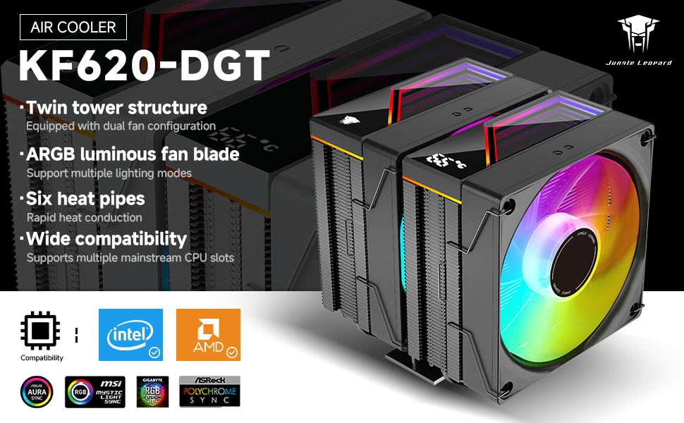 Jungle Leopard KF620-DGT Digital ARGB CPU Cooler Black / White 6 Heat ...