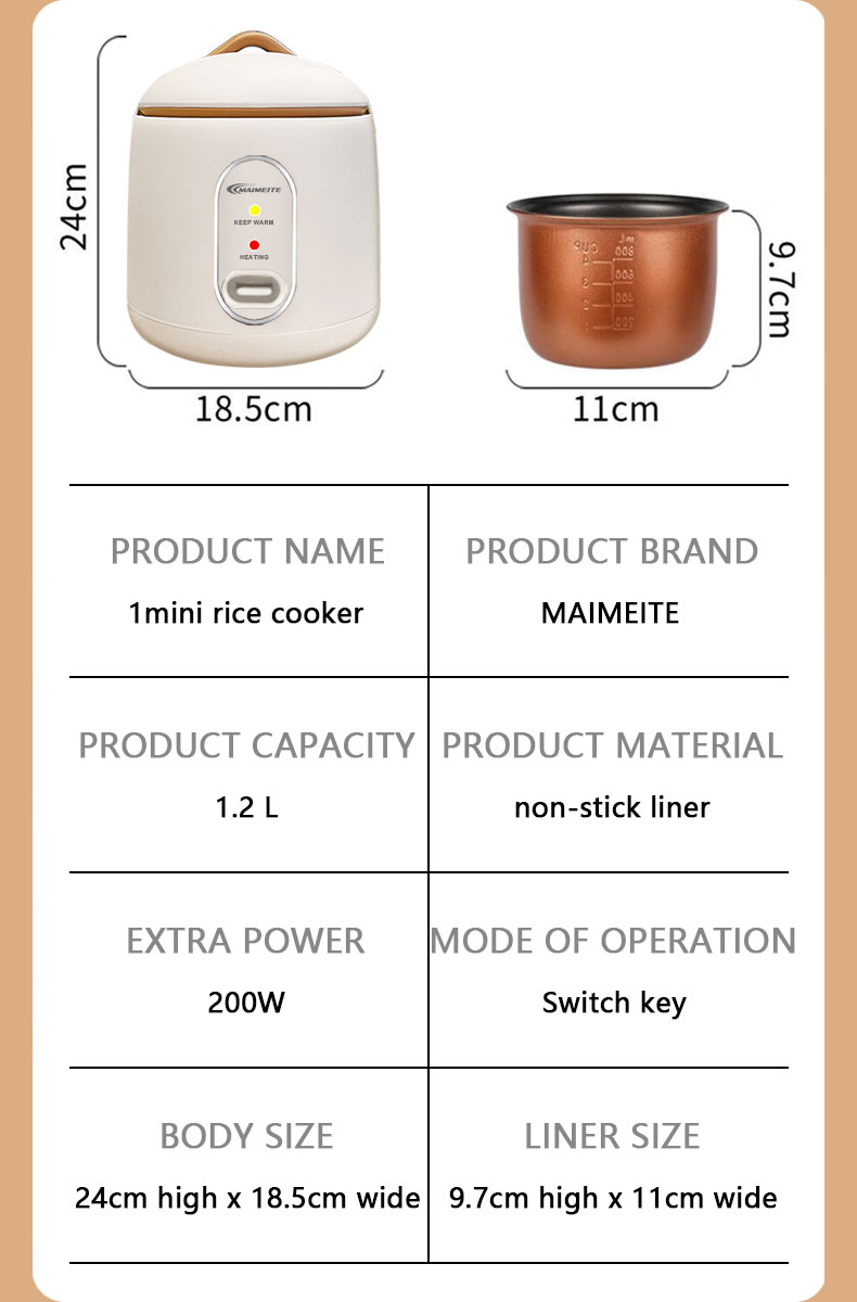 Maimeite Mini Rice Cooker 1.2L Non-Stick Inner Multifunctional Pot ...