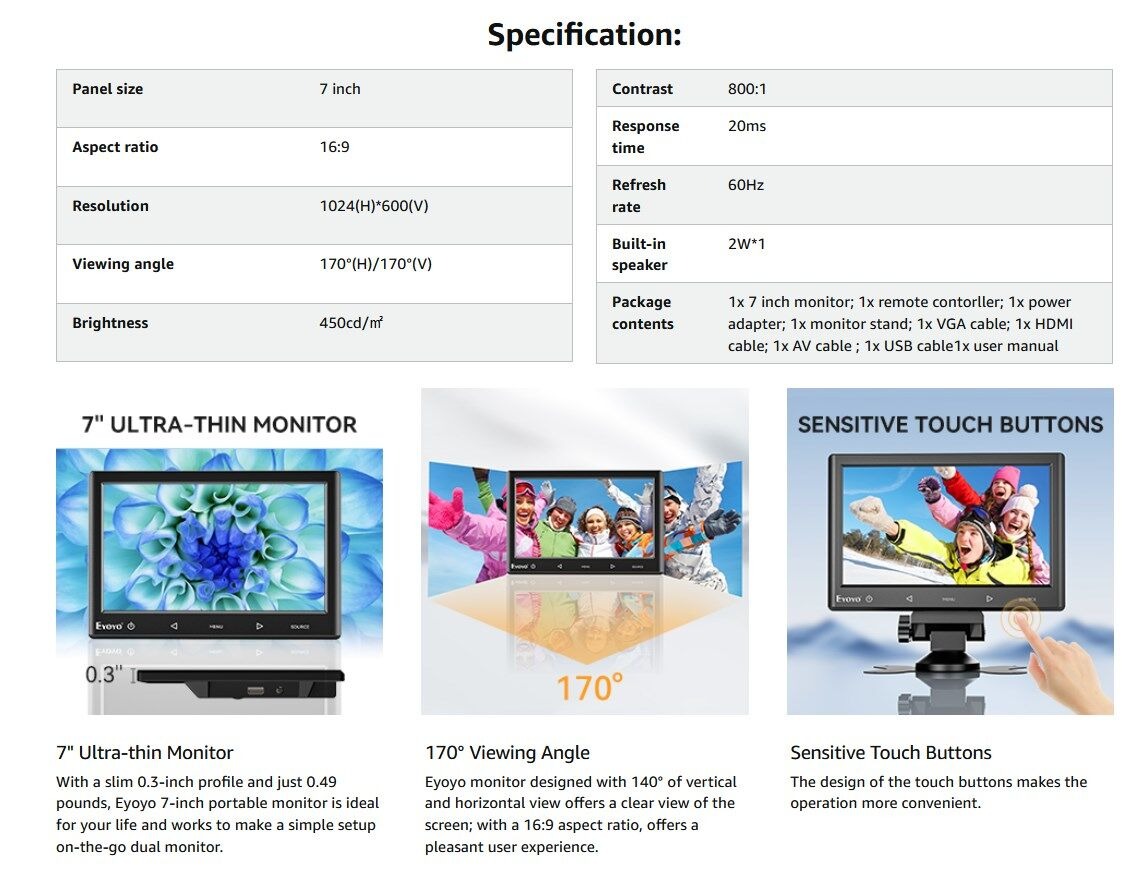 Eyoyo 7 inch Monitor, 1024x600 Small HDMI Monitor, HDMI VGA AV Monitor ...