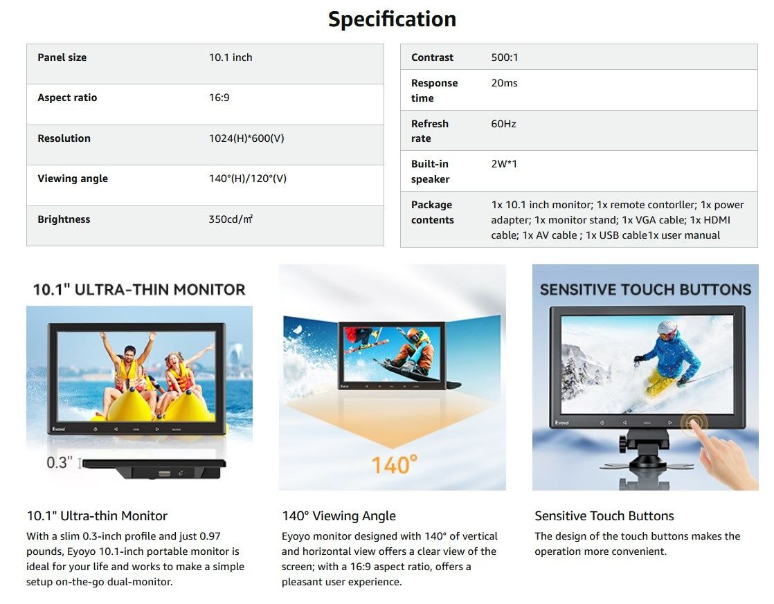 Eyoyo 10 inch Monitor, 1024x600 Small HDMI Monitor, HDMI VGA AV Monitor ...